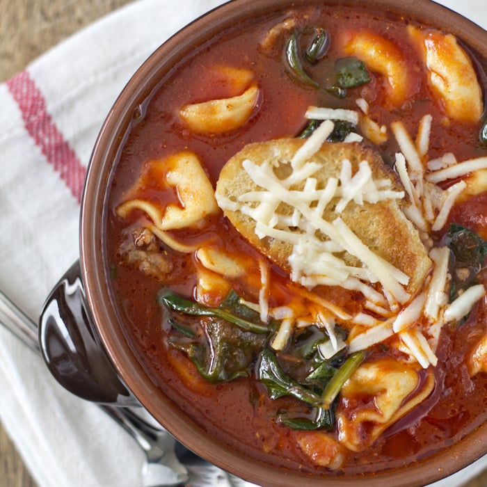 Tortellini Soup with Italian Sausage & Spinach with Parmesan Crostini