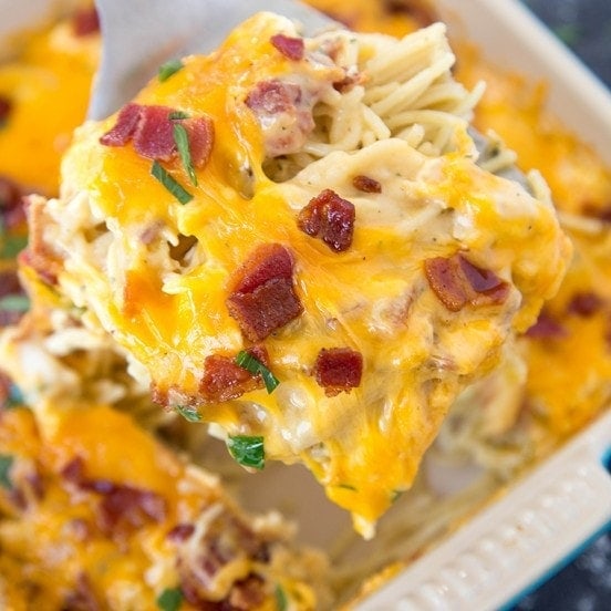 Creamy Chicken, Bacon & Ranch Baked Spaghetti - Yellow Bliss Road