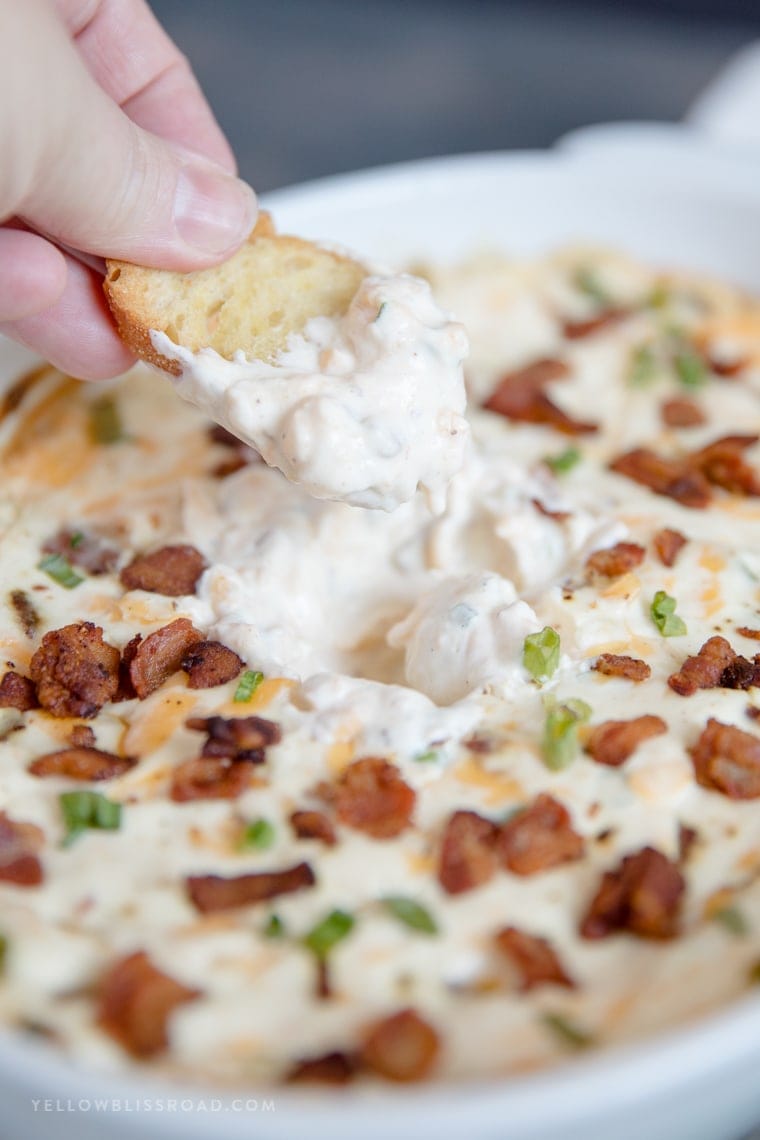 Ooey Gooey Cheesy Hot Bacon Dip served with Crostini